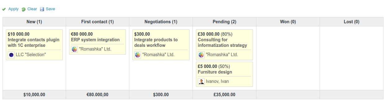 Deals Kanban board | CRM plugin documentation
